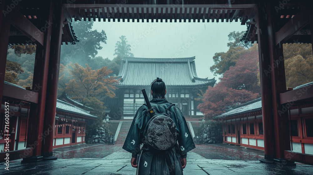 Lone Ronin Approaches His Objective on a Rainy Day in Feudal Japan in ...