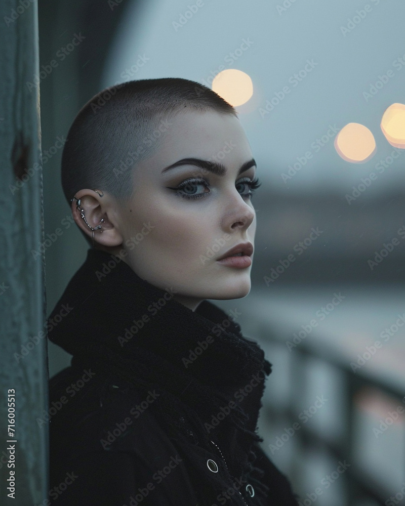 Young punk rock woman with a shaved head. Goth lifestyle. Rainy Coney ...