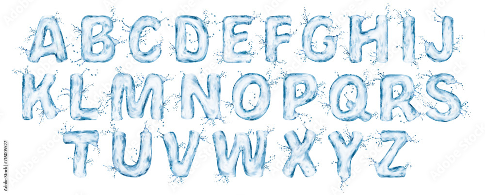 Realistic water font, flow splash type, liquid aqua typeface, transparent wet english alphabet ...