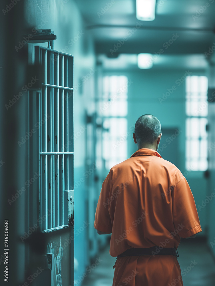 Prisoner in Orange Jumpsuit Stands in Hallway at Prison Facility Stock ...