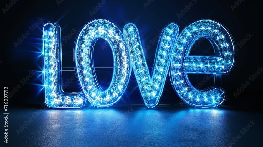 Blue LED Love concept creative horizontal art poster. Photorealistic ...