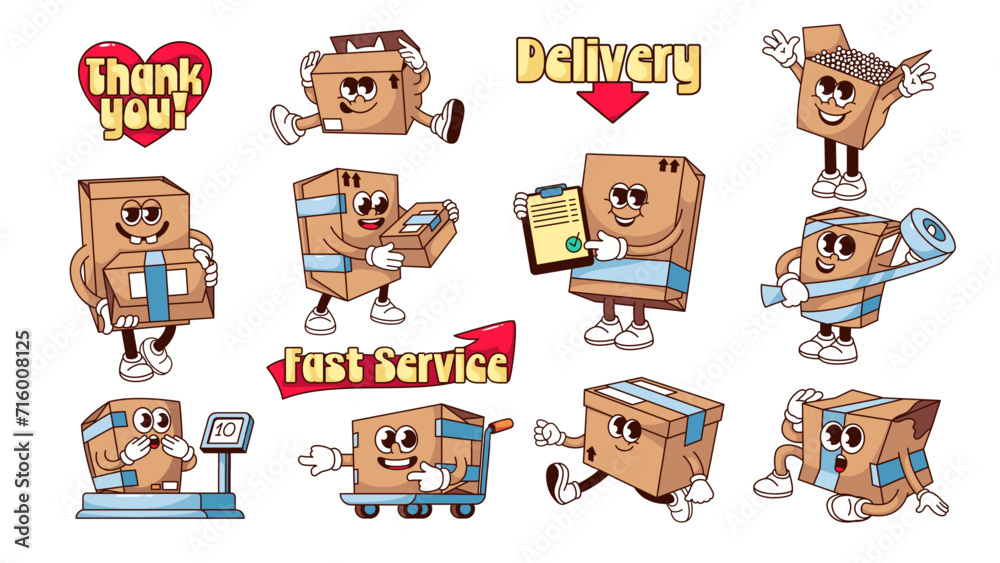 Groovy cardboard box cartoon characters and delivery stickers set ...