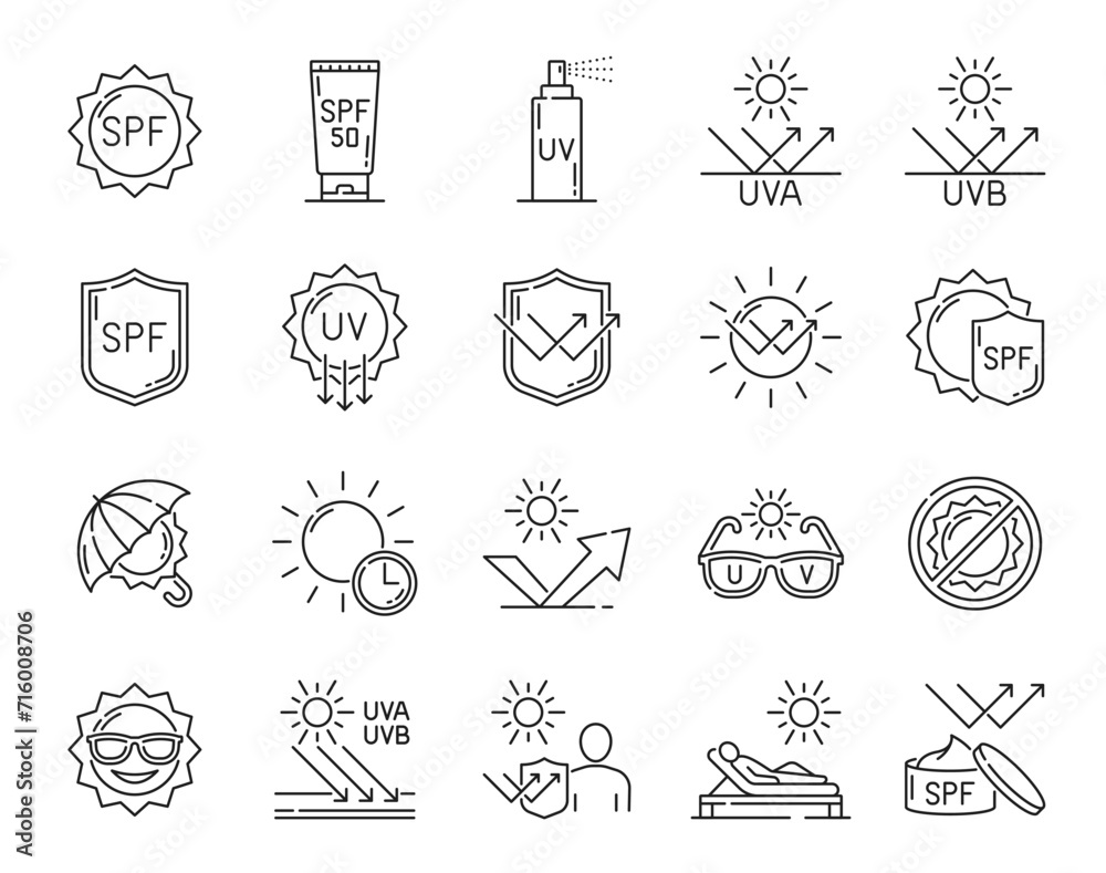 SPF sunscreen, sun and ultraviolet protection icons, vector line ...