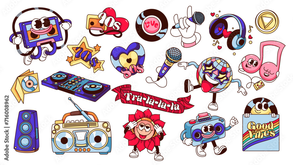 Groovy cartoon music characters and stickers set. Funny patch of of 70s ...