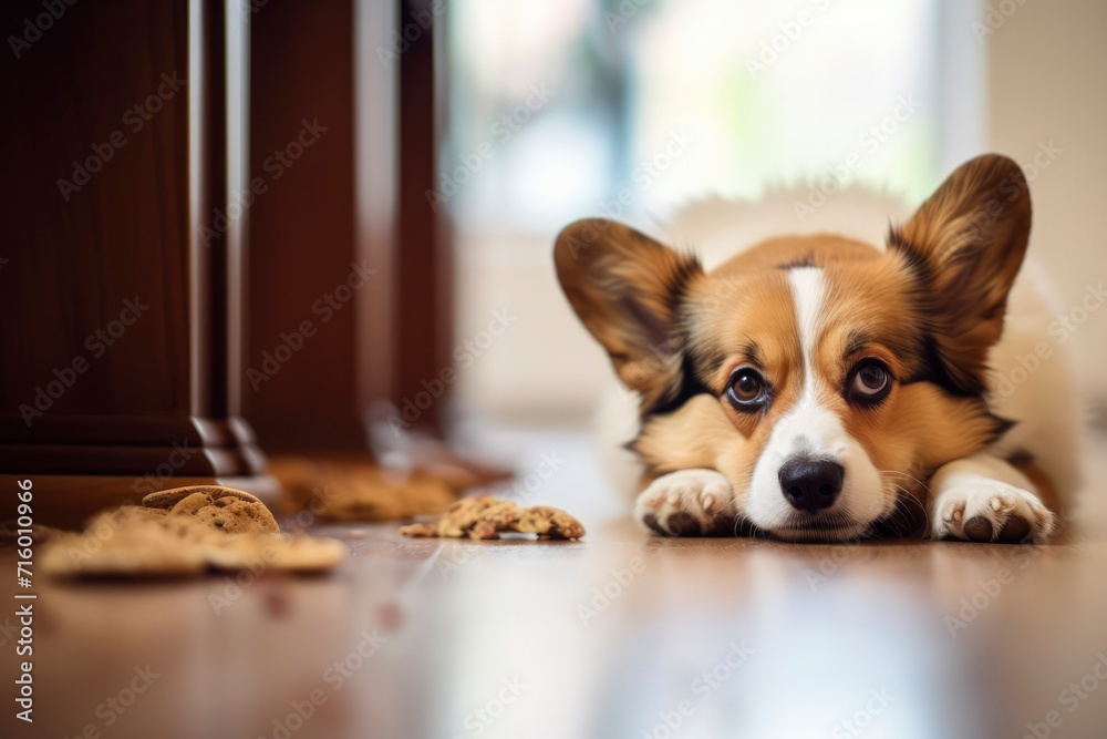 Sad corgi pet lying on floor at home. Sick dog has no appetite. Dry ...