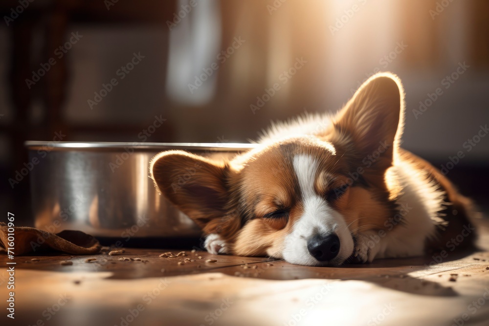 Sad corgi pet lying on floor at home. Sick dog has no appetite. Dry ...