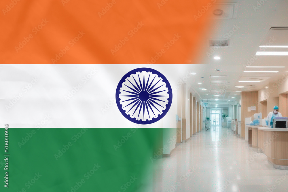 Medical treatment facility with India flag. Clinic with reception staff ...