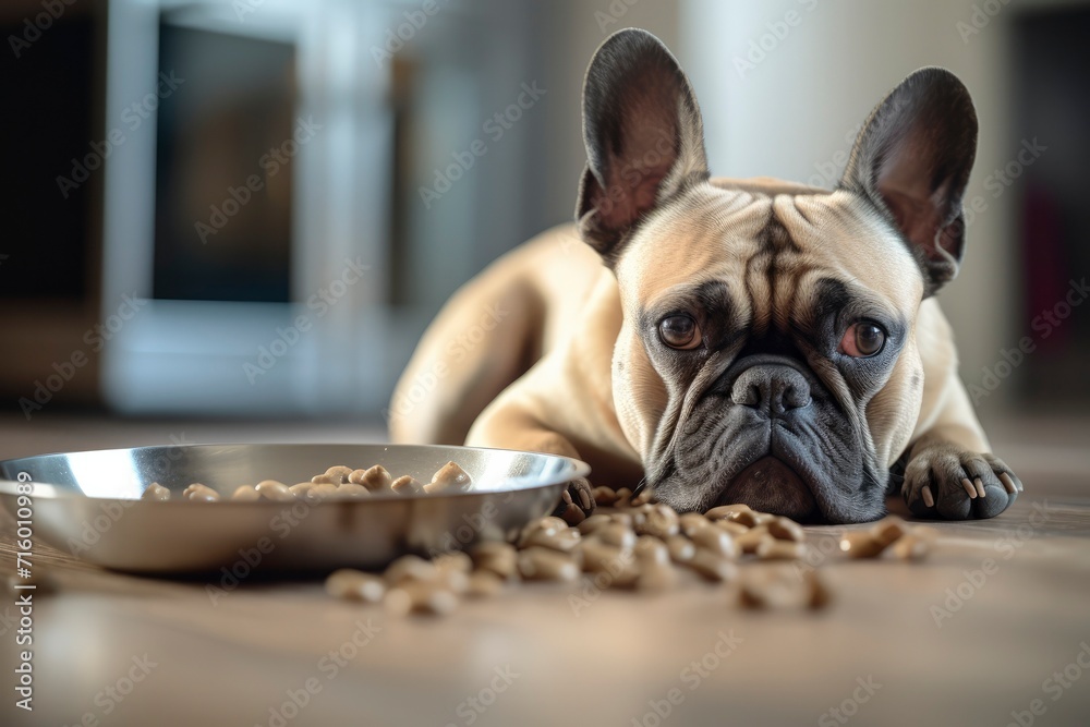 Sad french bulldog pet lying on floor at home. Sick dog has no appetite ...