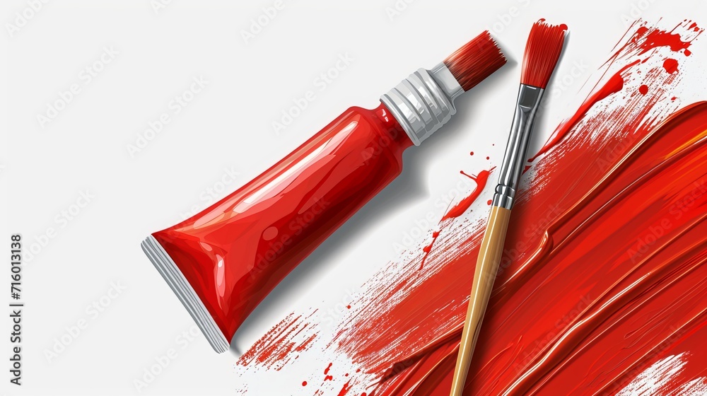 Vector realistic illustration of a red paint tube, paintbrush and brush ...