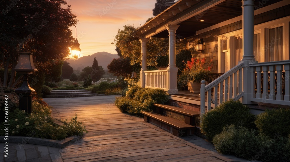 House or terrace of a house during sunset or before sunset. Golden hour ...
