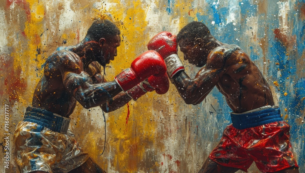 Two men fiercely engage in a brutal boxing match, their red gloves ...