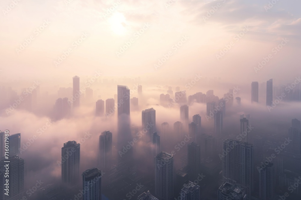 Amidst the hazy mist, towering buildings create a breathtaking ...