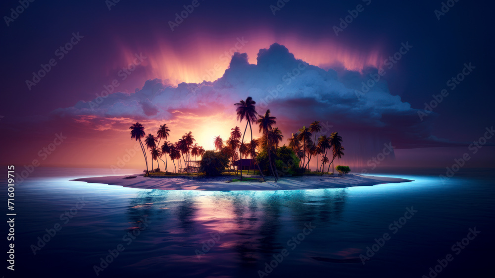 Tropical island at night, bioluminescence in clear blue sea, whole ...