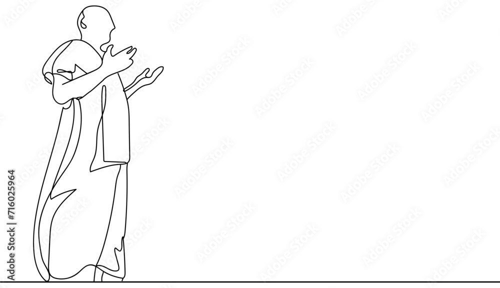 Continuous one line drawing a muslims in ihram praying to god with ...