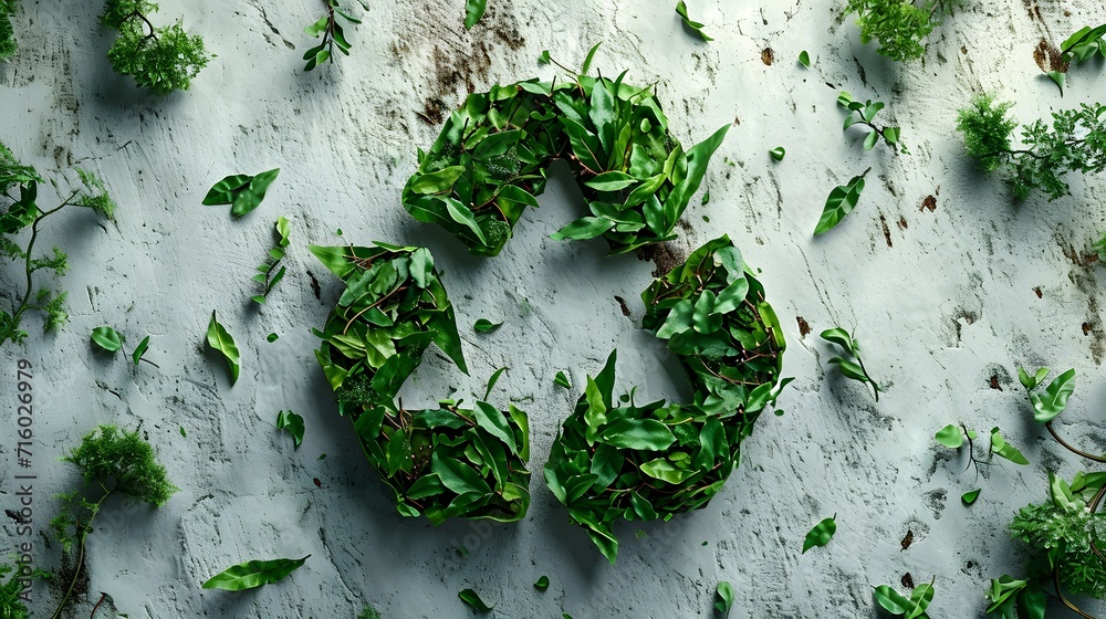 green moss on the wall, a recycling symbol made of leaves and twigs on ...