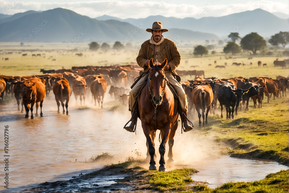 Gaucho farmhand with a goatee riding a Criollo horse driving cattle on ...