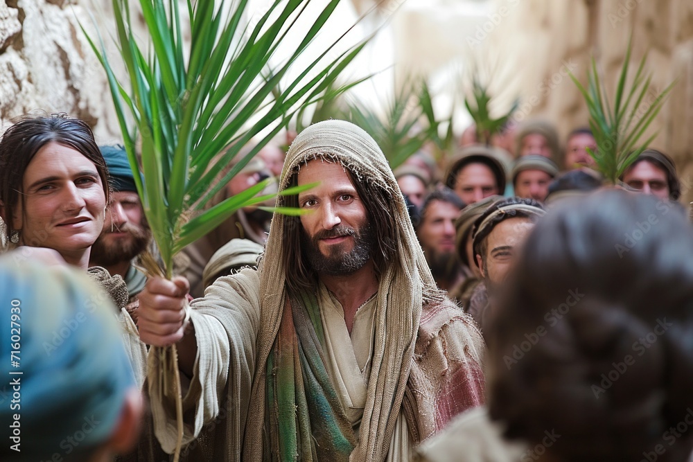 Jesus Christ enters Jerusalem amid praise and joy. AI generative. Stock ...