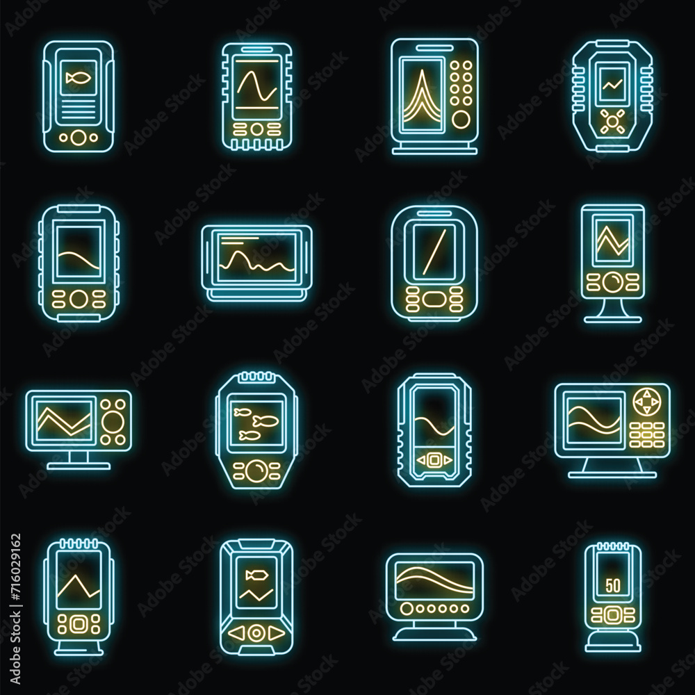 Echo sounder icons set. Outline set of echo sounder vector icons neon ...