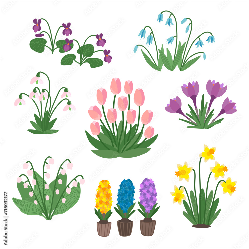Spring flowers isolated set in flat cartoon design. Bundle of first ...
