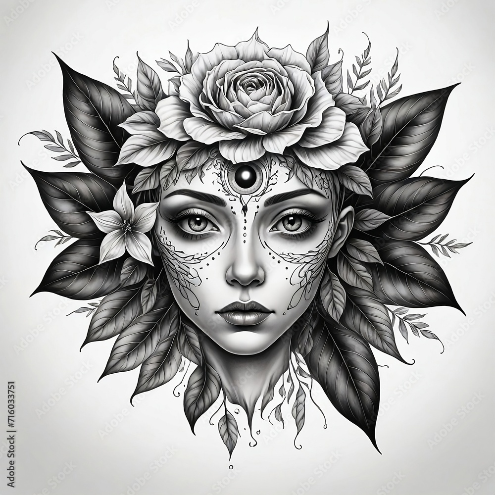 Tattoo Design: tattoo of an alien head, flower, eye, leaves in black ...