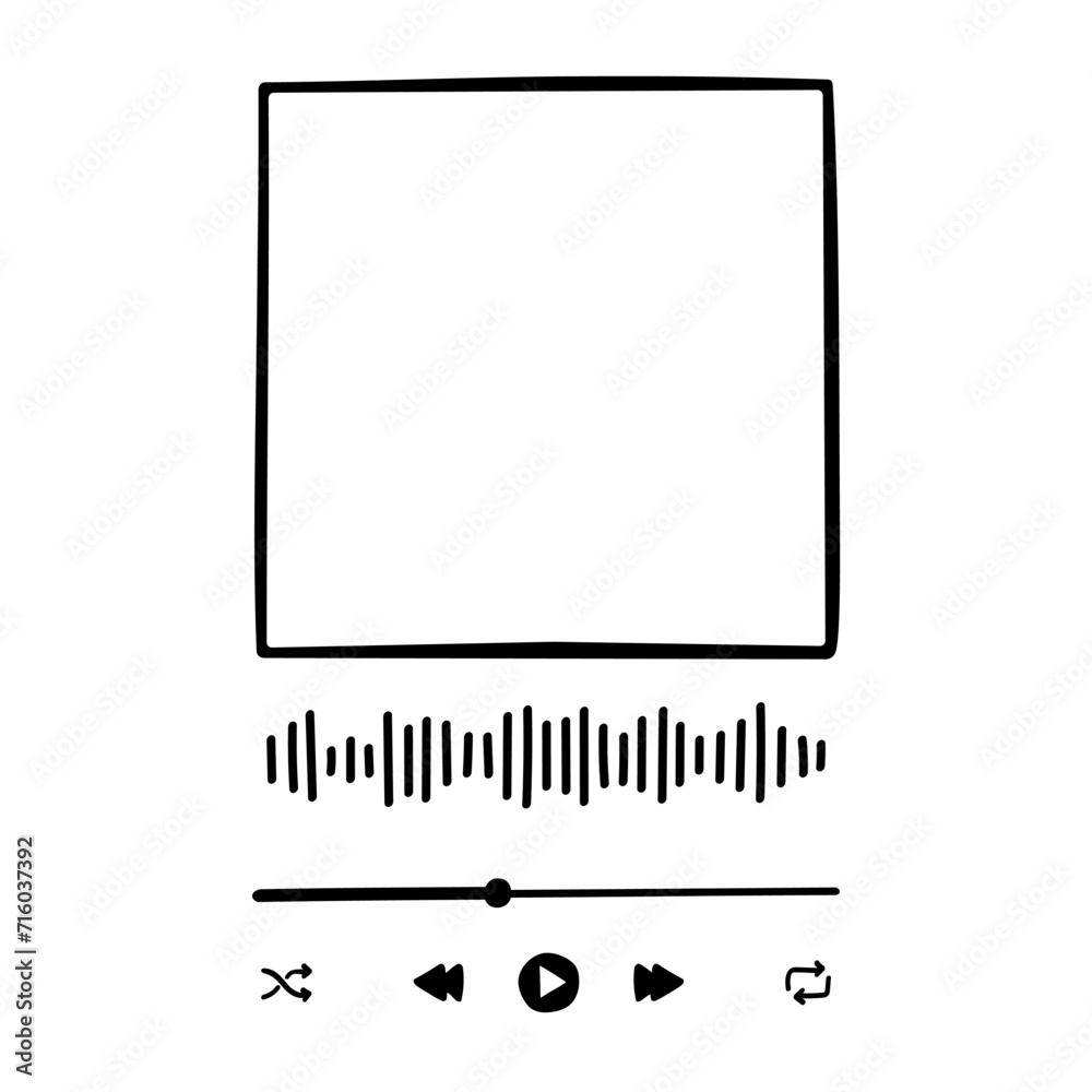 Music player interface in doodle style. Handdrawn audio app panel with ...