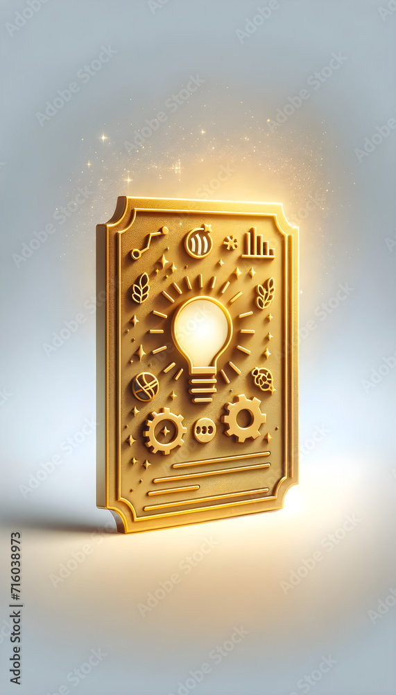3D Rendered Gold Plaque with Light Bulb and Gears, Luxury Creative ...