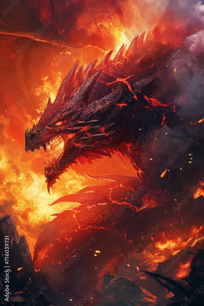 A blazing red dragon unleashes fiery destruction, its sharp teeth and ...