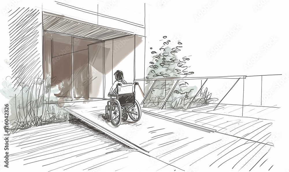 Wheelchair user accessing a building entrance on an access ramp ...