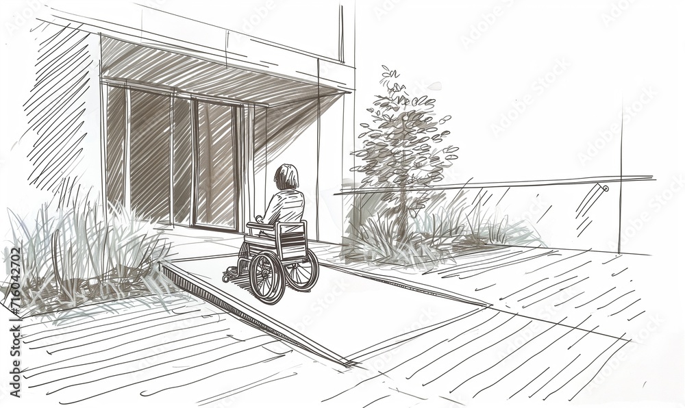 Disabled person sitting on a wheelchair accessing a building entrance ...