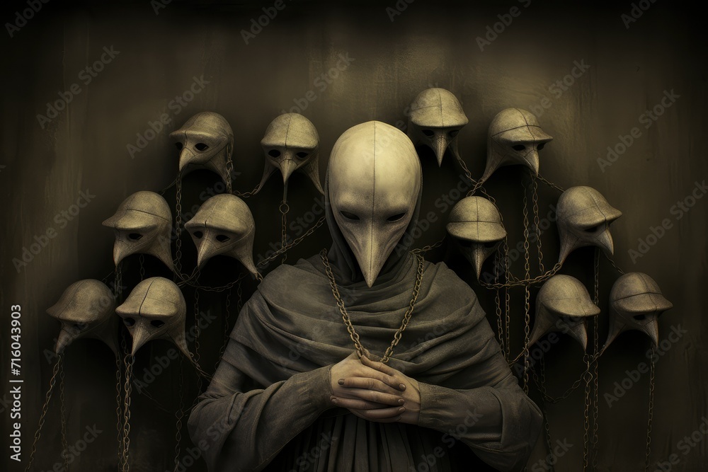 Aliens. Abstract surreal Concept. Aliens in get up of monk with a chain ...
