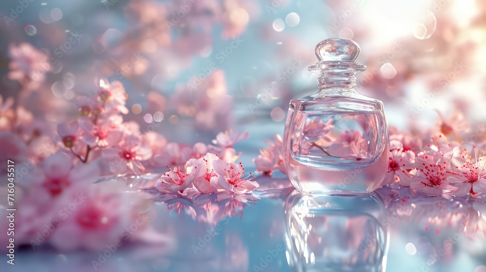 Sakura perfume ads, realistic style perfume in a glass bottle on ...