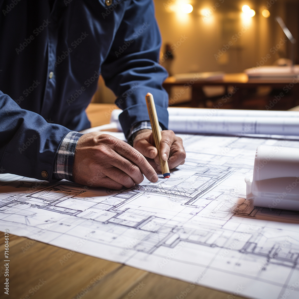 Mature contractor drawing on blueprints with a pencil, creating a home ...