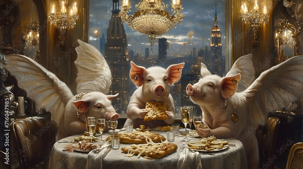 Winged pigs enjoying pizza slices in an elegant rooftop diner Stock ...