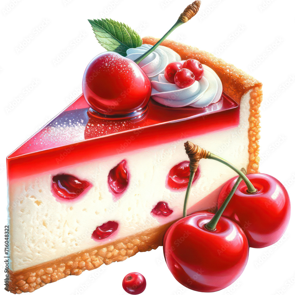 Cherry Cheesecake, A hyper-realistic watercolor painting of a slice of ...