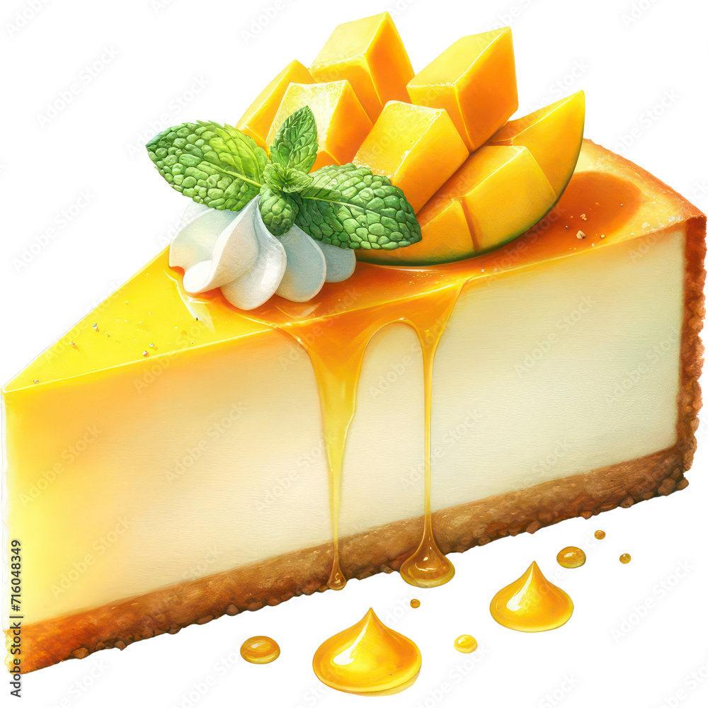 Mango Cheesecake, A hyper-realistic watercolor painting of a slice of ...