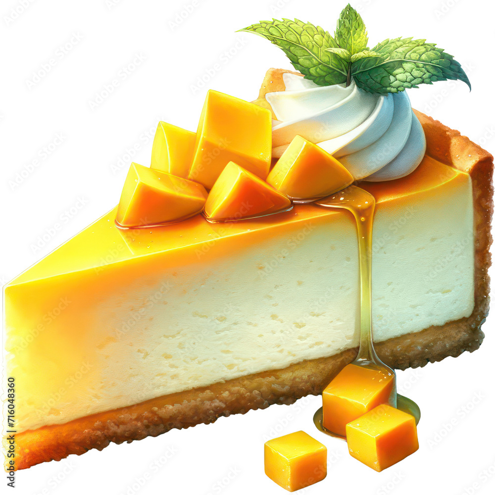 Mango Cheesecake, A hyper-realistic watercolor painting of a slice of ...