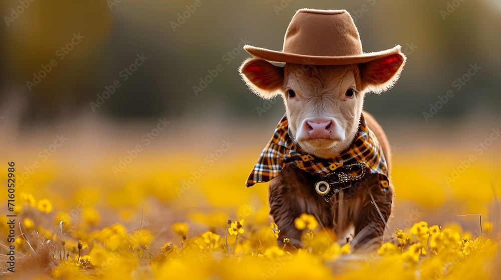 Cool cow cartoon, funny baby cow dressed as cowboy in flower meadow ...