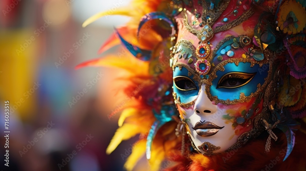 Closeup of a colorful, handpainted mask worn by a performer in the ...
