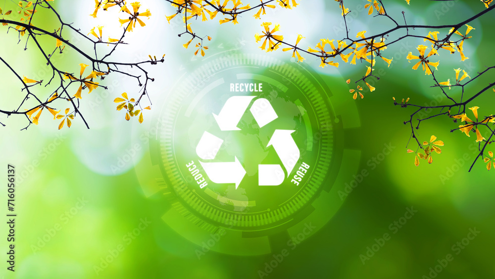 Reduce, reuse, recycle symbol on green bokeh background. Ecological and ...