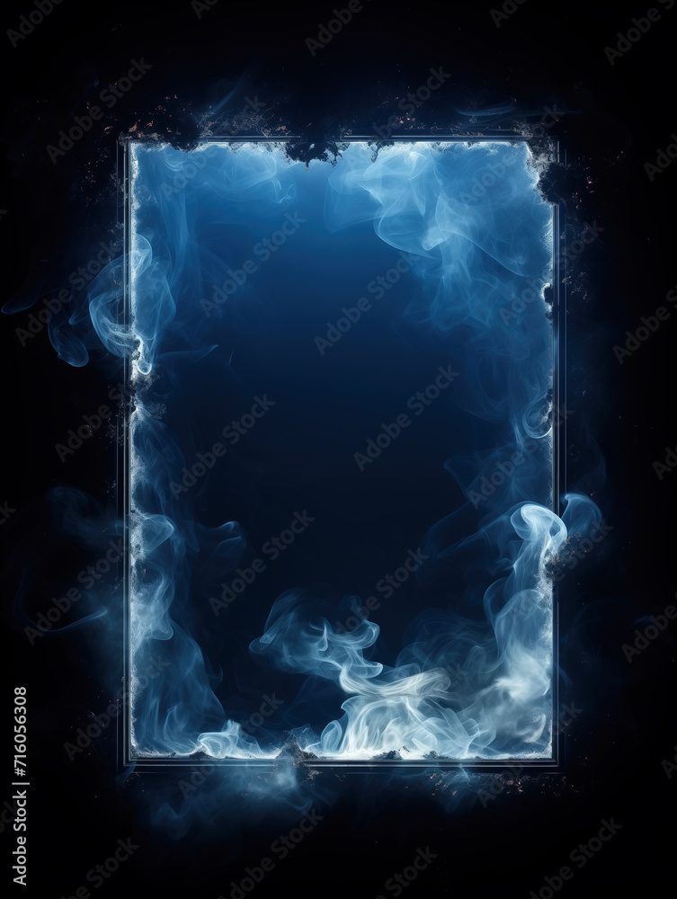 Empty frame formed by light blue smoke in motion, on a black background ...