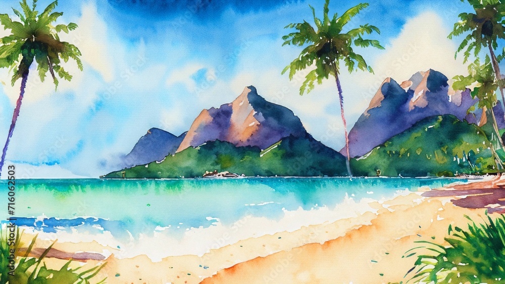 Watercolor landscape with sea and mountains. Palm and tropical beach ...