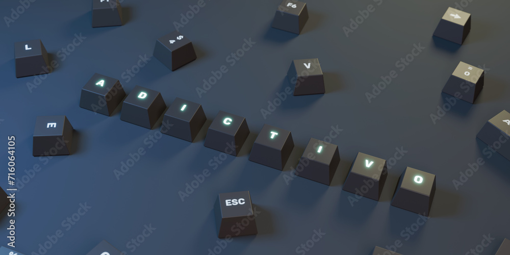 Set of messy keys, in the center a focus on the word addictive in ...