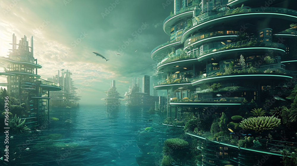 An underwater city with sustainable living habitats, preserving marine ...