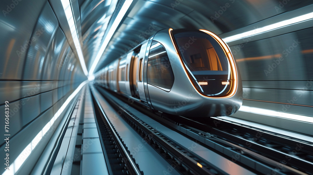 A scene of advanced eco-friendly public transportation systems, like hyperloops and maglev ...