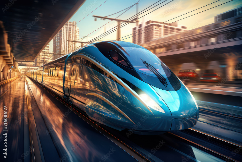 A high-speed train whizzes past, leaving a trail of motion and momentum ...