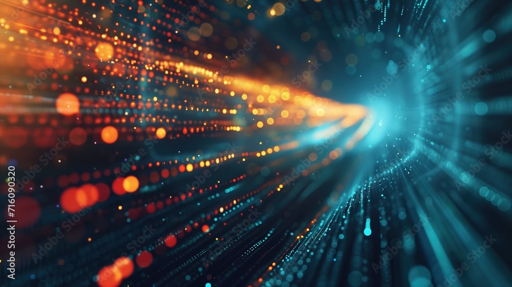 A visualization of secure data transmission, portrayed as a stream of light coursing through a ...