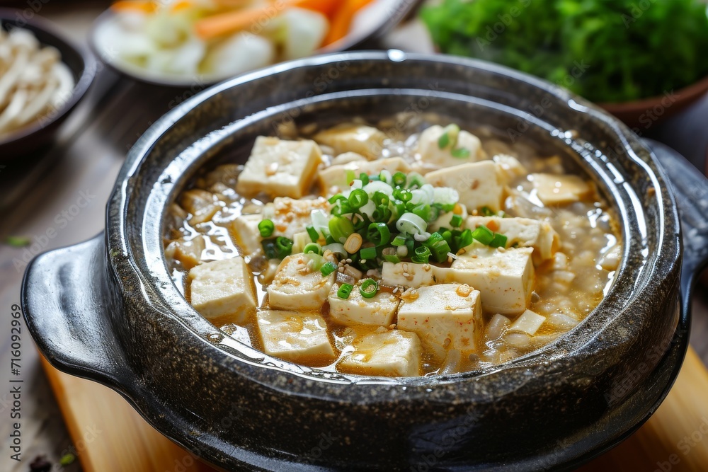 Tofu soup with enoki mushrooms served in a granite skillet on a wooden ...