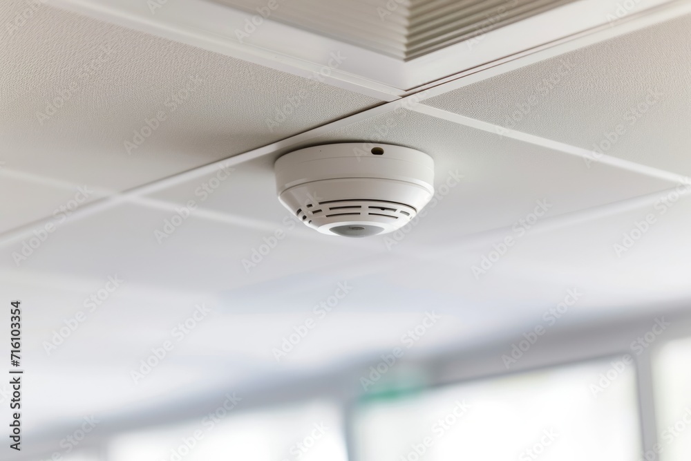 Fire alarm system in office has white smoke detector on ceiling Stock ...