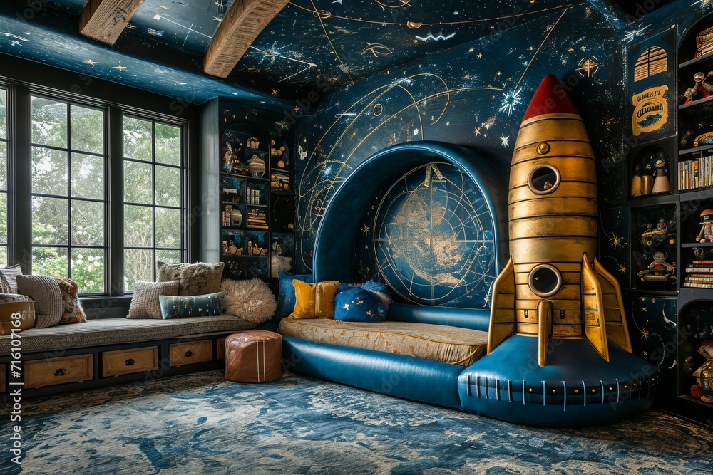 Child's bedroom with a celestial theme, featuring a bold rocket ship ...