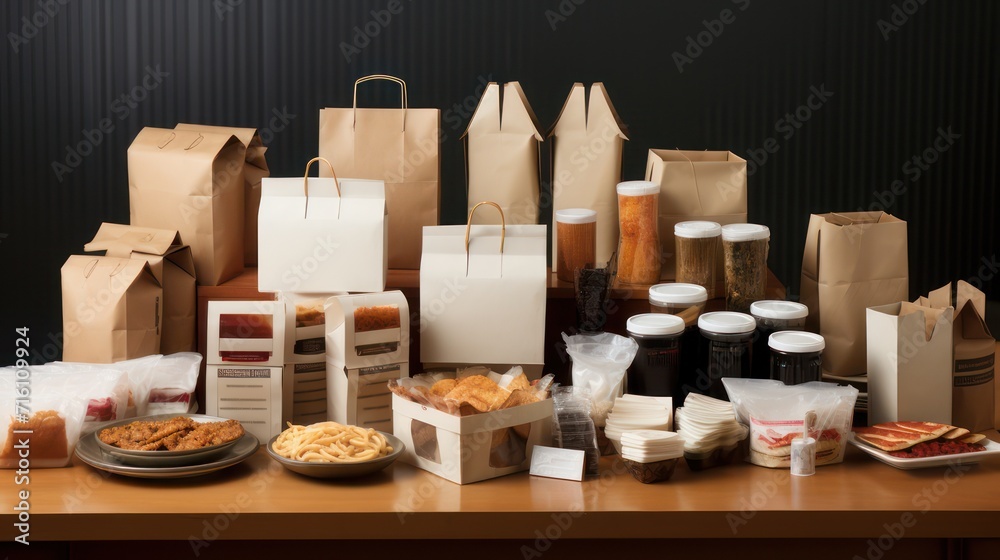 Variations of fast food products in paper bag packaging and Styrofoam ...